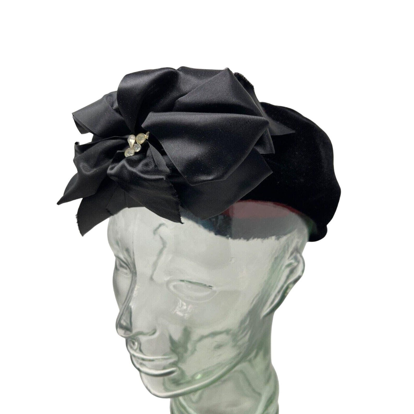 Velvet Satin Beret Exagerated Bow Front Hat Jeweled Detail Circa 40s ...