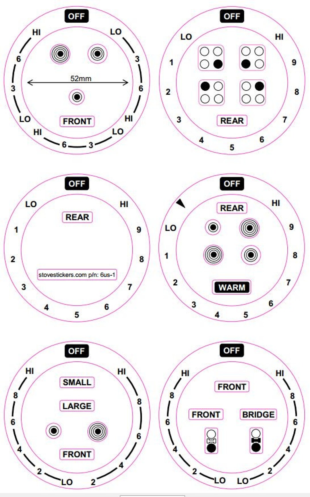 USA Cooker Set 6 Stove Dials+4 Ring Cooktop Position Stickers GE ...