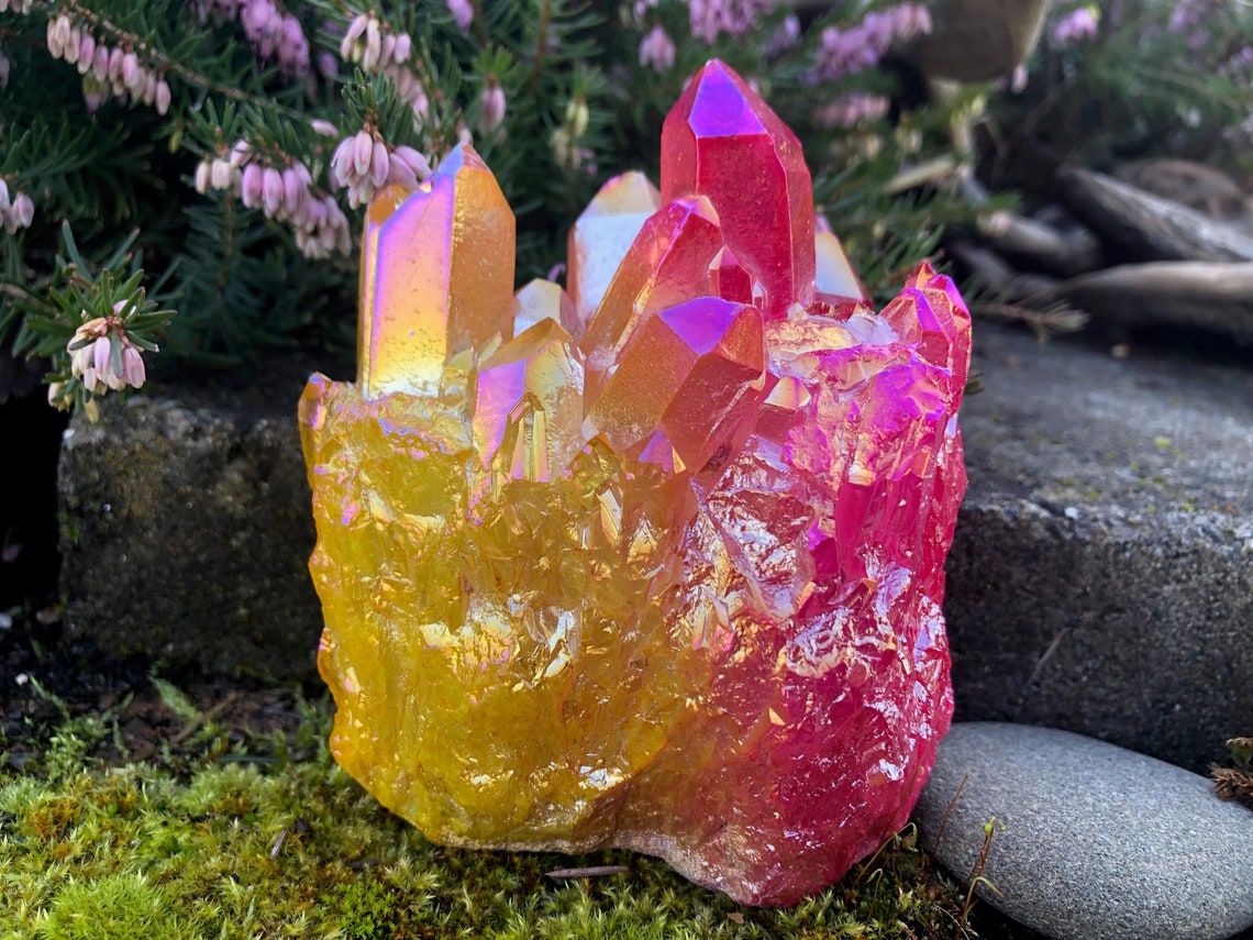 Large Yellow and Pink Flame Aura Quartz Crystal Cluster - Etsy