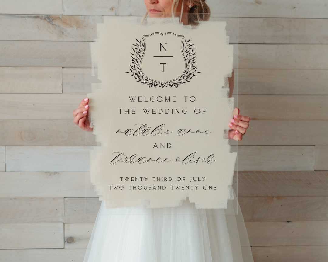 Acrylic Wedding Welcome Sign With Floral Crest, Modern Decor, Clear ...