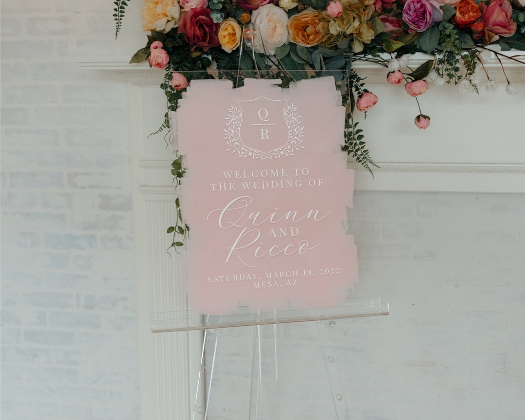 Acrylic Wedding Welcome Sign With Floral Crest, Modern Decor, Clear ...