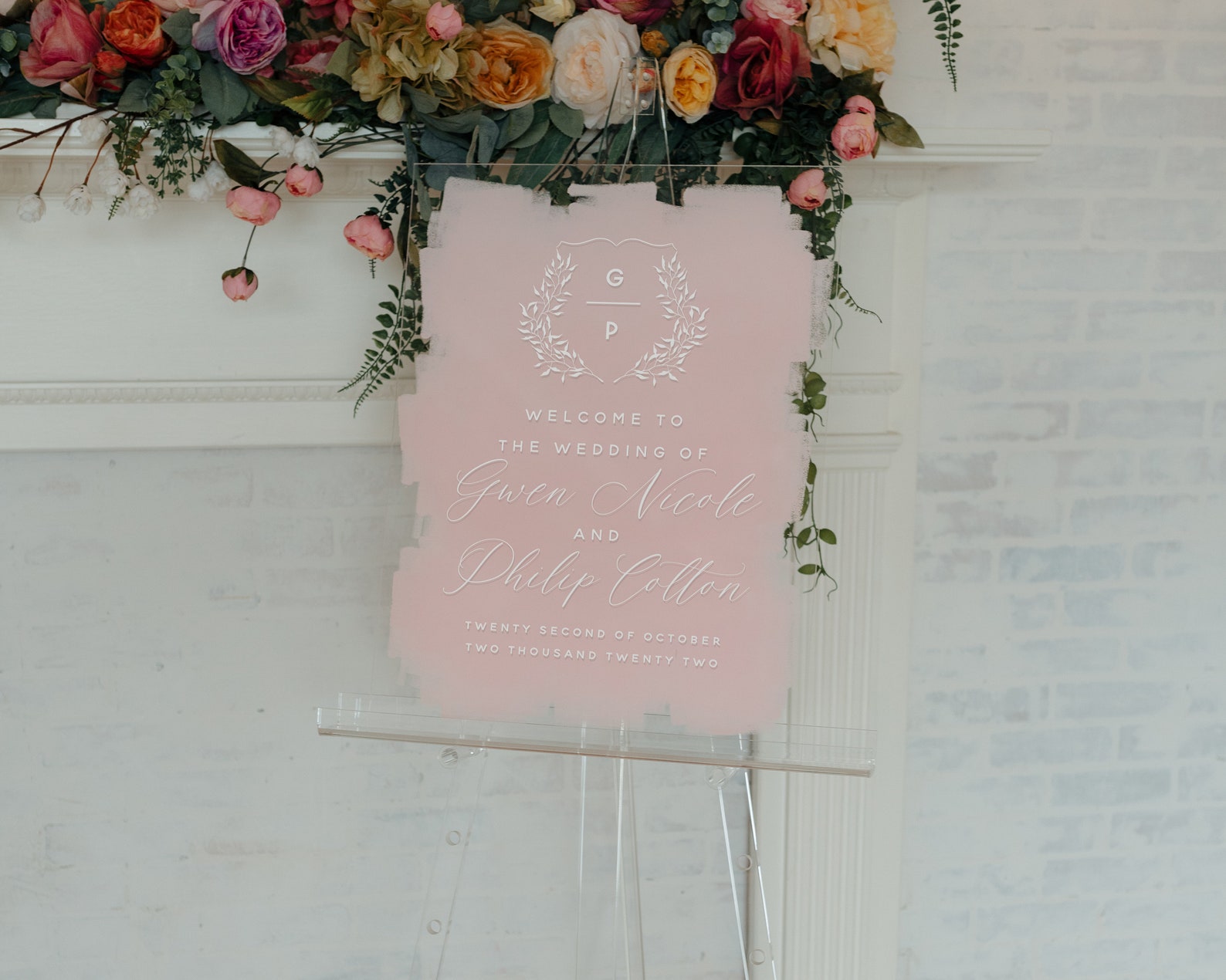 Acrylic Wedding Welcome Sign With Floral Crest, Modern Decor, Clear ...
