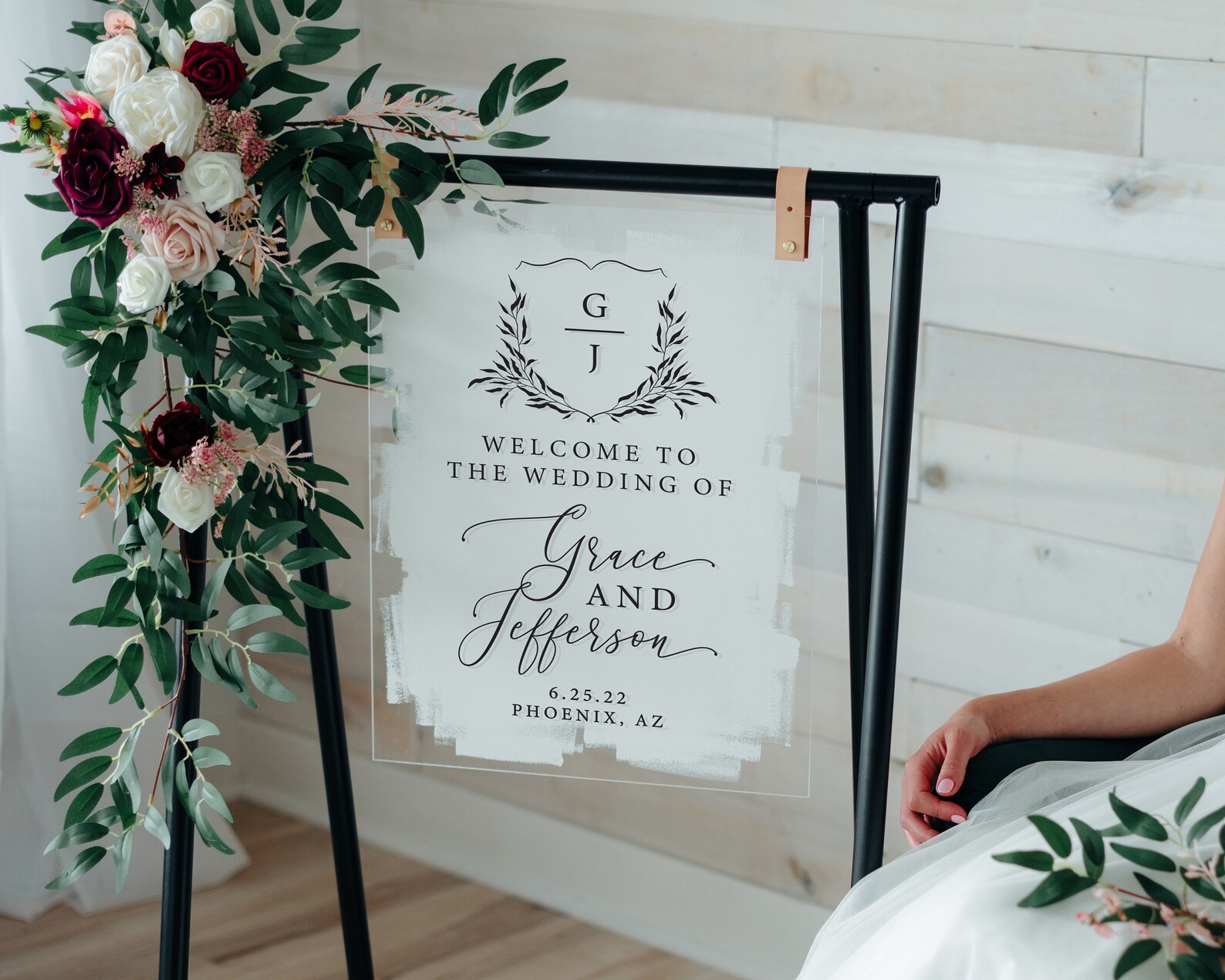 Acrylic Wedding Welcome Sign With Floral Crest, Modern Decor, Clear ...