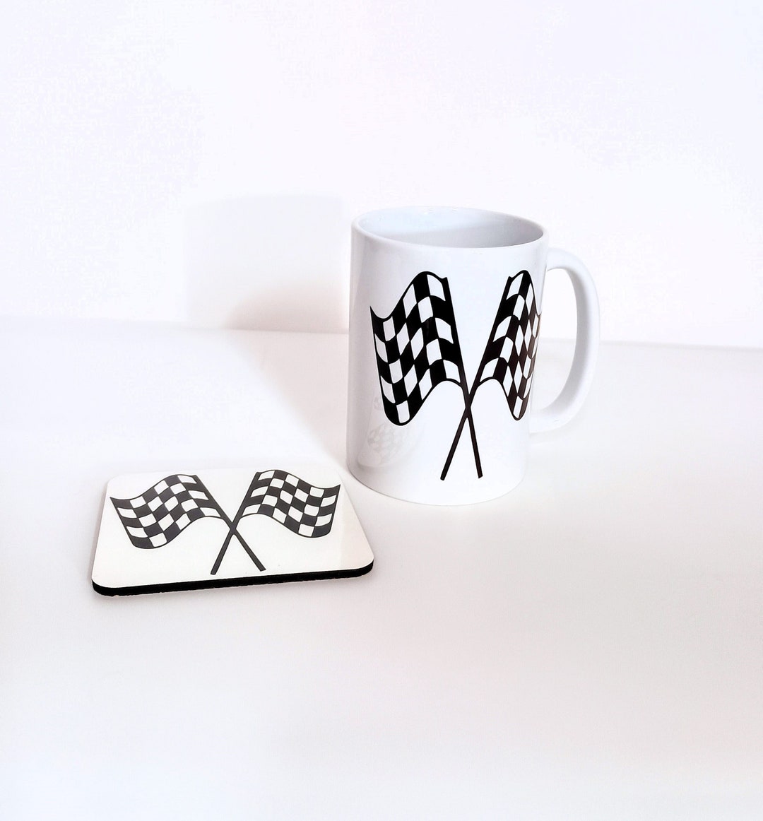 Racing Coffee Mug and Coaster, Checkered Flag Gift Set Coffee Cup 15 Oz ...