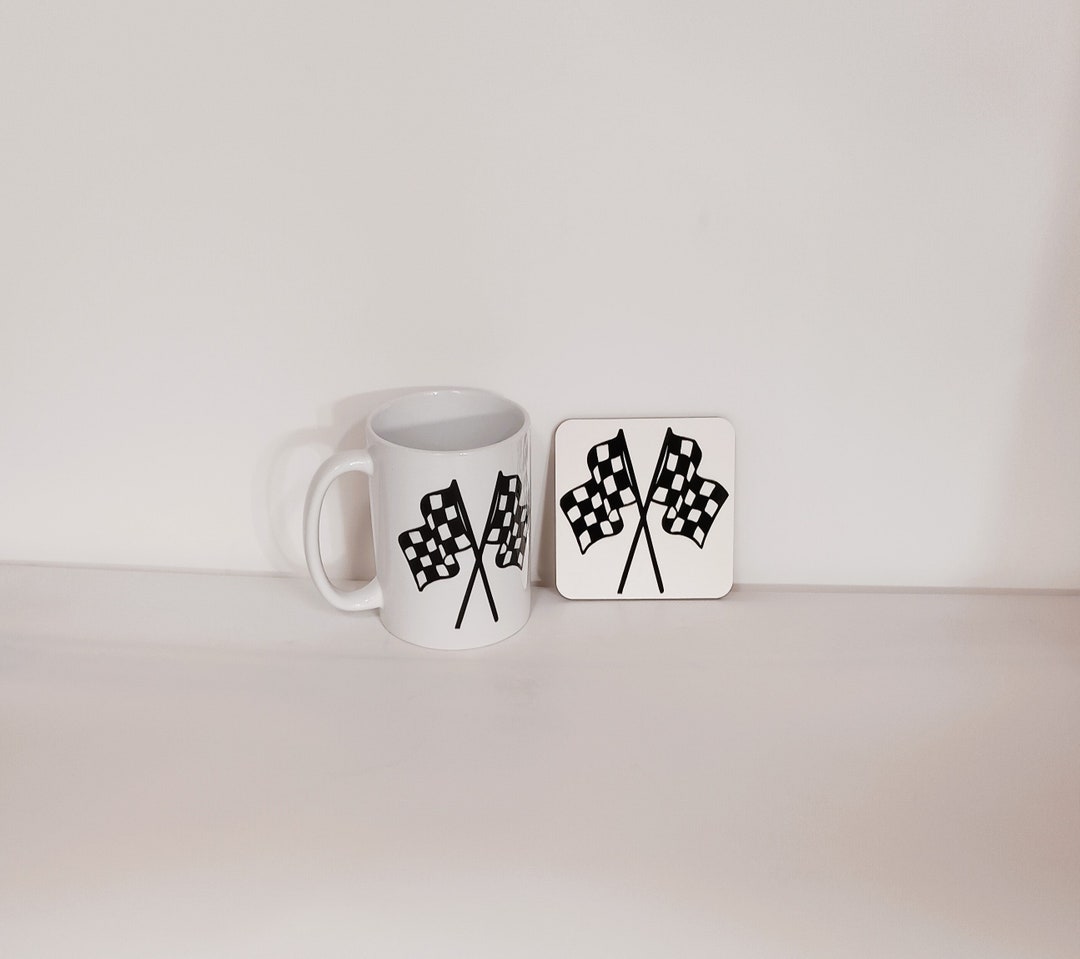 Racing Coffee Mug and Coaster, Checkered Flag Gift Set Coffee Cup 15 Oz ...