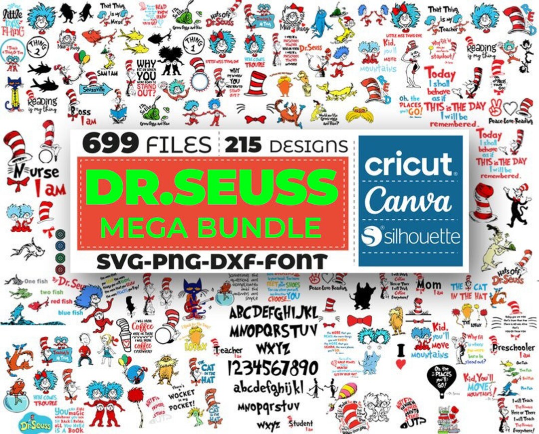 Dr. Seuss Svg, Mega Bundle, Dr. Seuss Hat Svg, Dr Seuss Font, Green ...