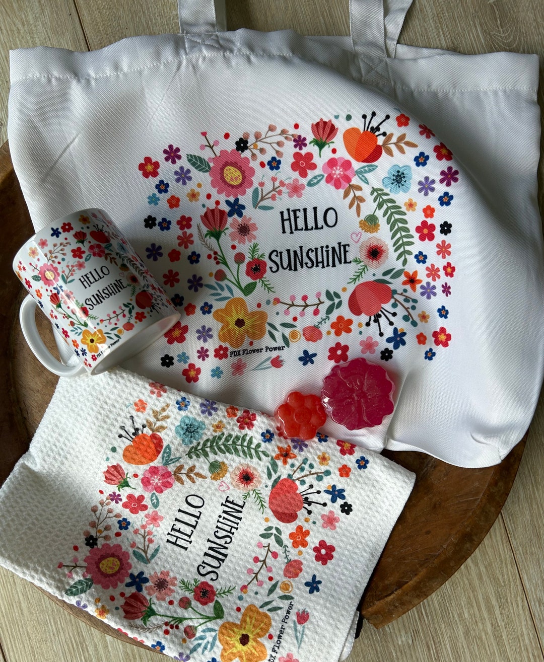 Hello Sunshine Gift Set, Tote, Towel, Mug, Floral Soaps, Flower Power ...