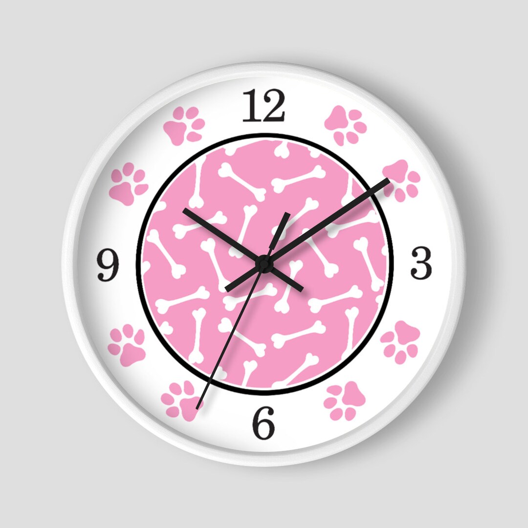 Dog Bone Paw Print Wall Clock Pink White Wood Frame - Etsy