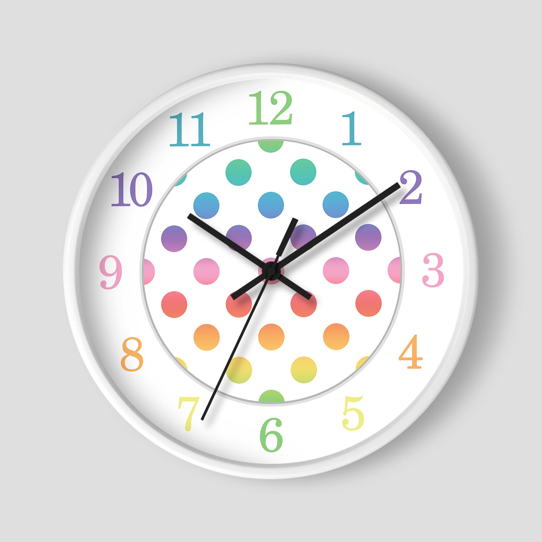 Rainbow Polka Dots Wall Clock White Wood Frame 10-inch Round Clock Made ...