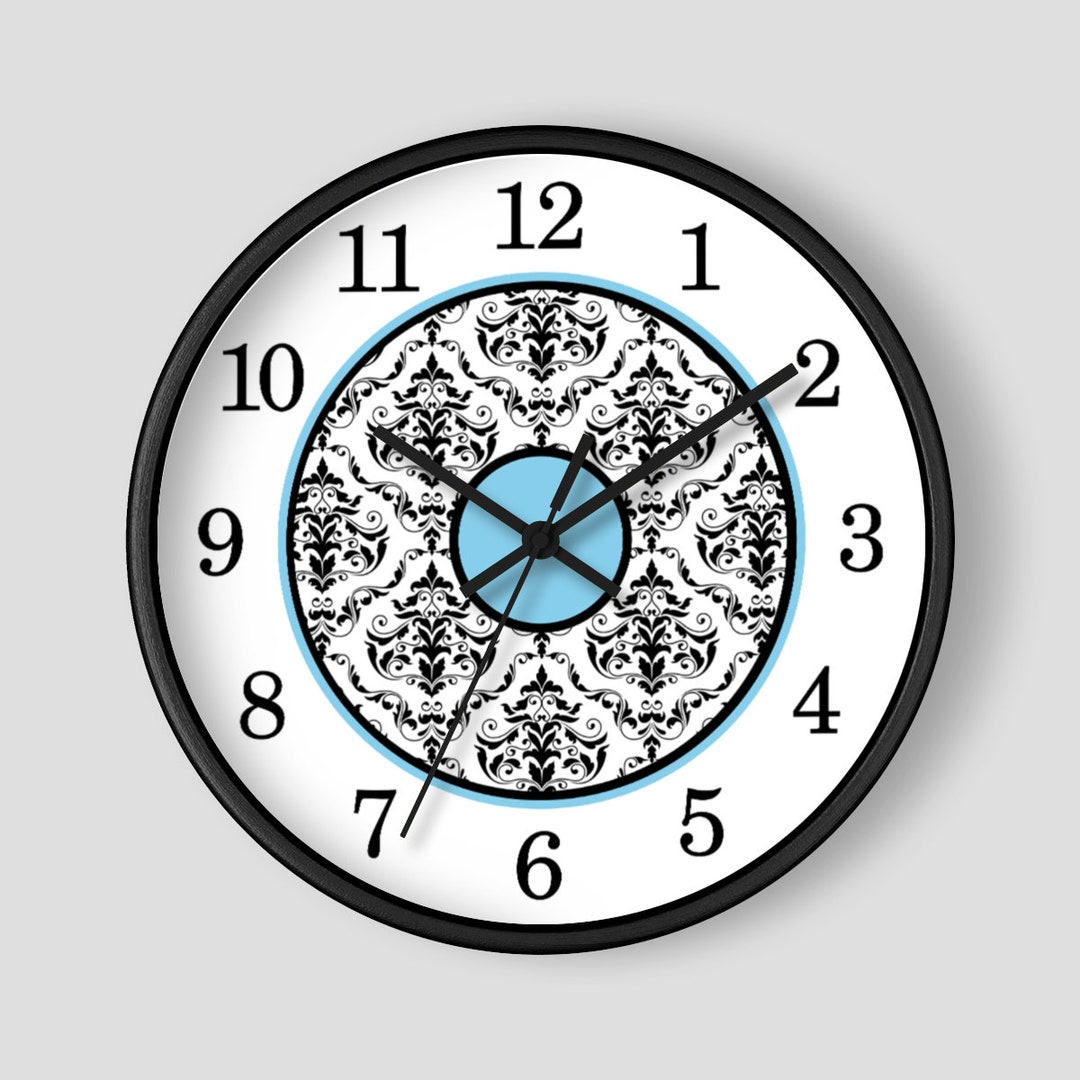 Sky Blue Damask Wall Clock Black White Damask With Light Blue - Etsy