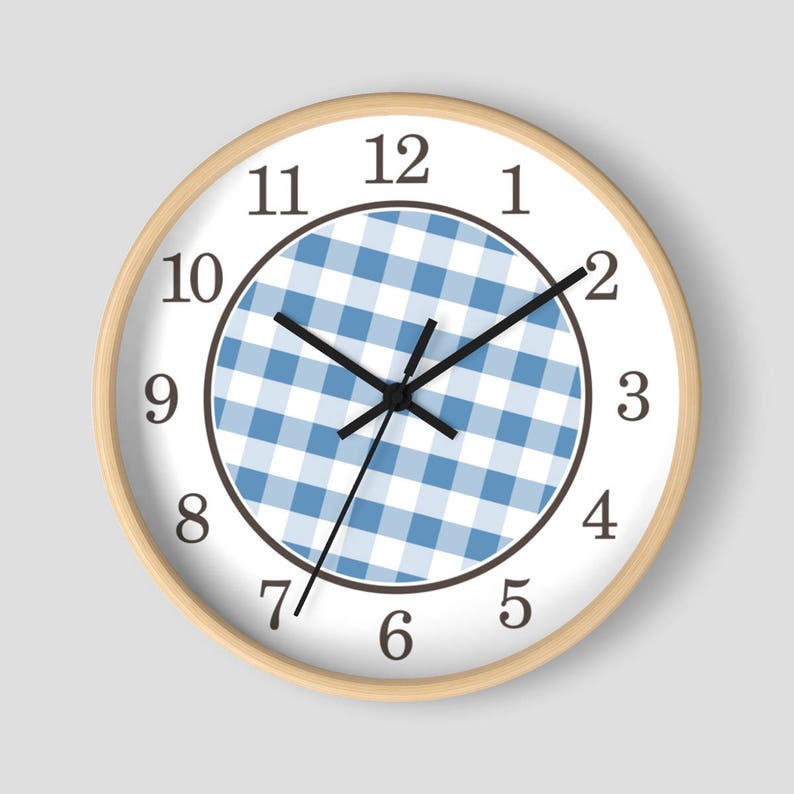 Blue Gingham Wall Clock Pattern in Blue and White With Wood - Etsy