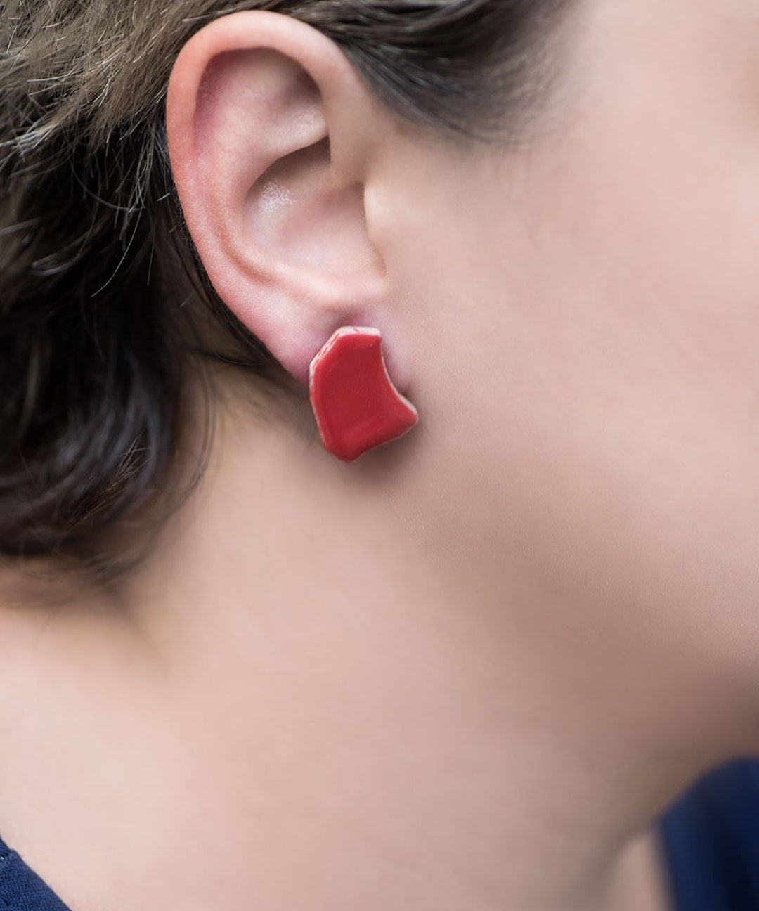 Red Ceramic Stud Earrings, Red Free Form Asymmetrical Irregular ...