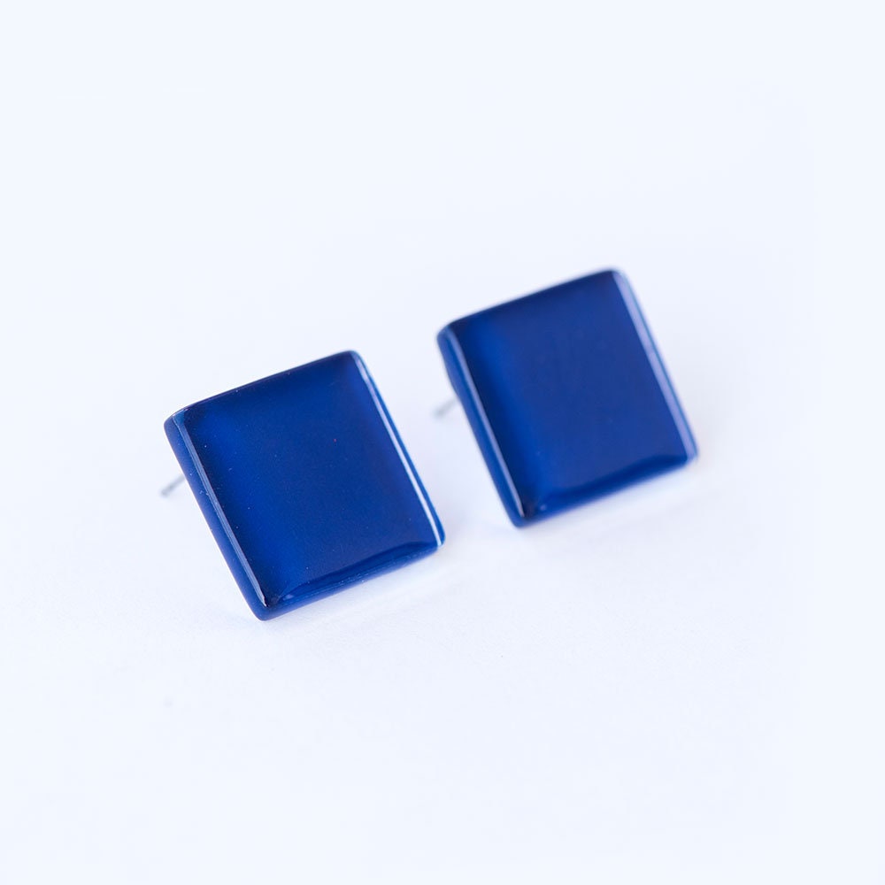 Blue Earrings Studs, Square Glass Earrings Blue, Minimalist Earrings ...