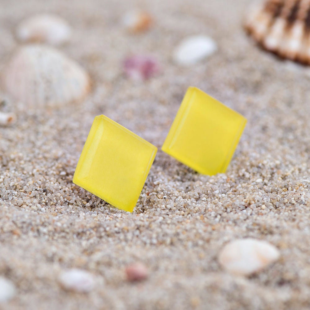 Yellow Stud Earrings, Modern Square Stud, Glass Yellow Stud Earrings ...