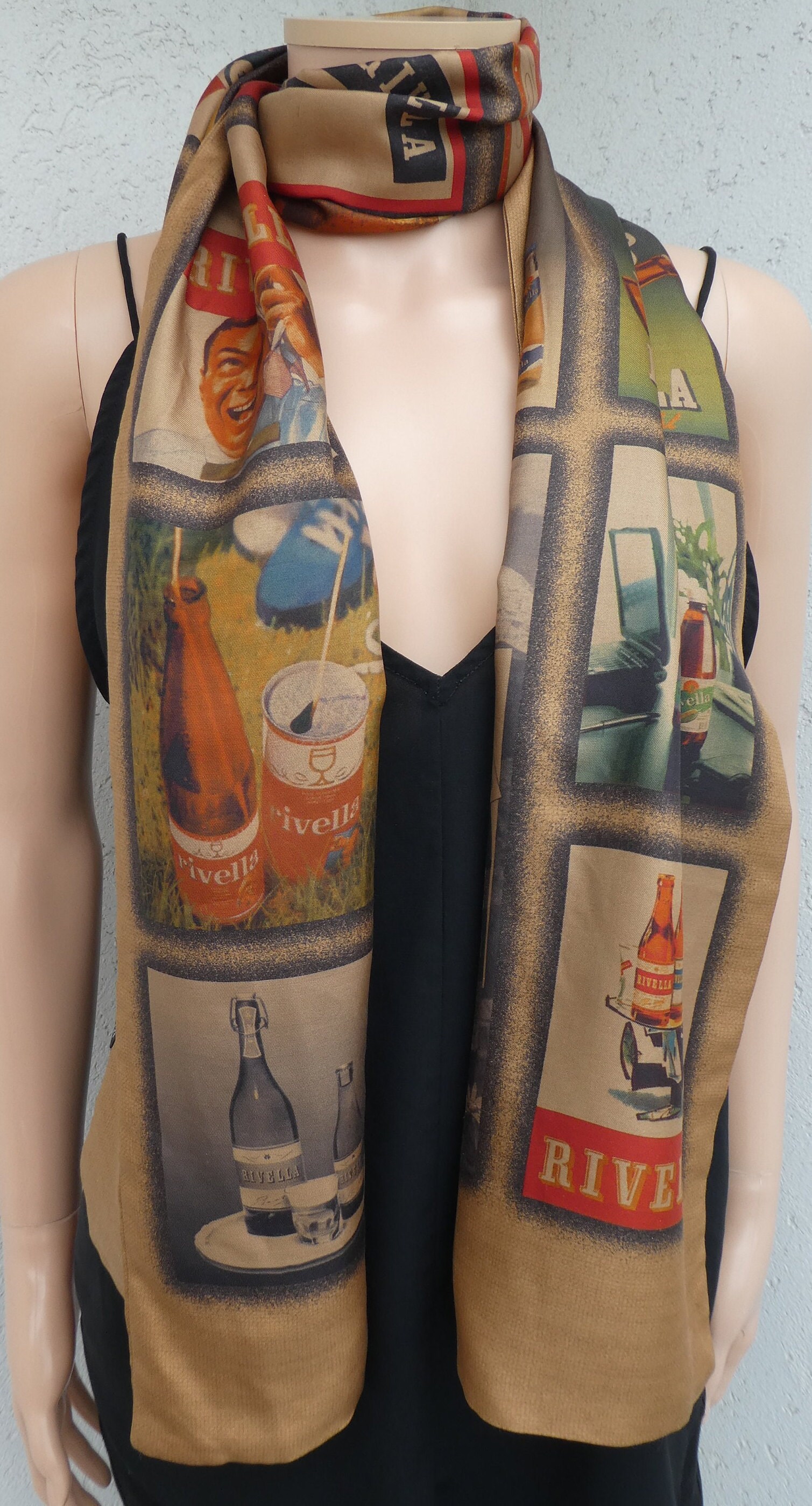 Vintage Long Silk Scarf Advertising RIVELLA Swiss Soft Drink. - Etsy