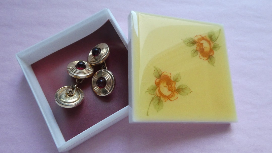 MURAT FRANCE, Rose Gold Jewelled Cufflinks – Vintage 1950s Retractable ...