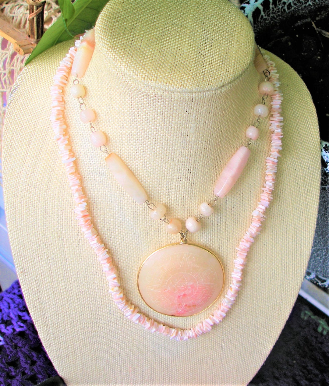 MAYAN ROSE QUARTZ Necklace hand-carved 8 Point Star& Long Pink Shell ...