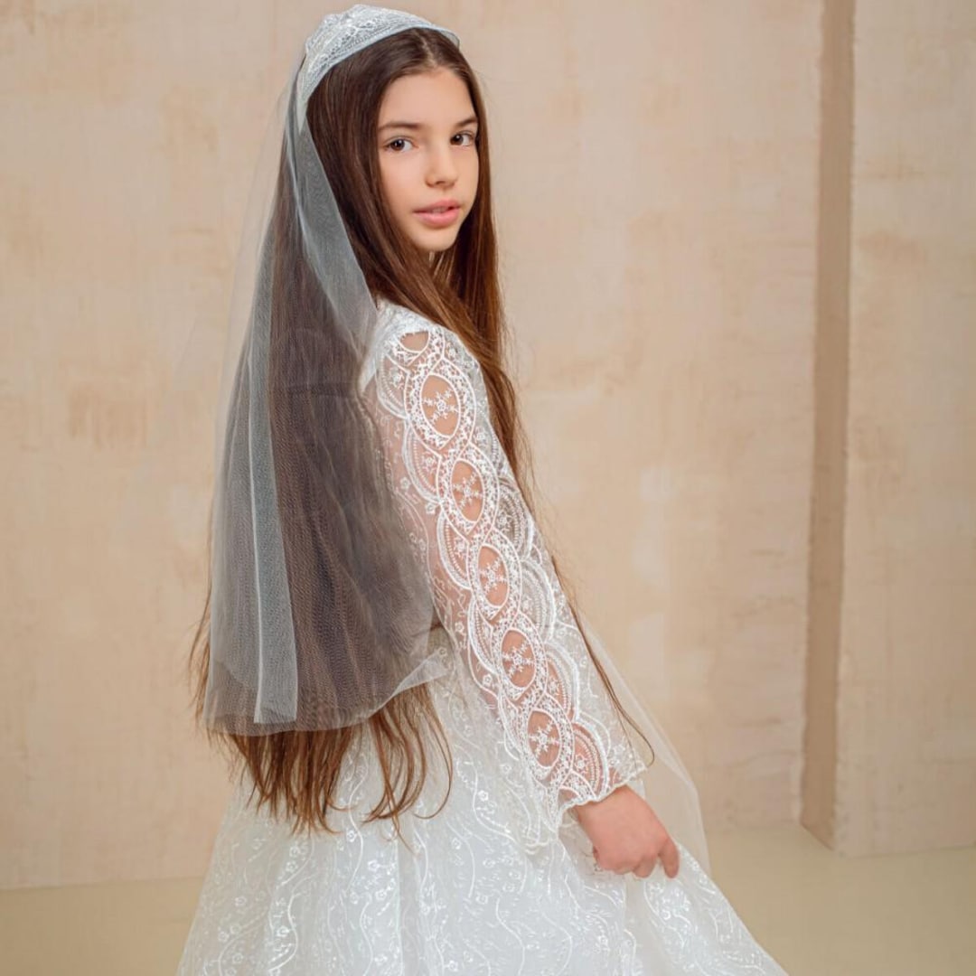 White Lace First Holy Communion Dress Long Lace Sleeve, Flower Girl ...