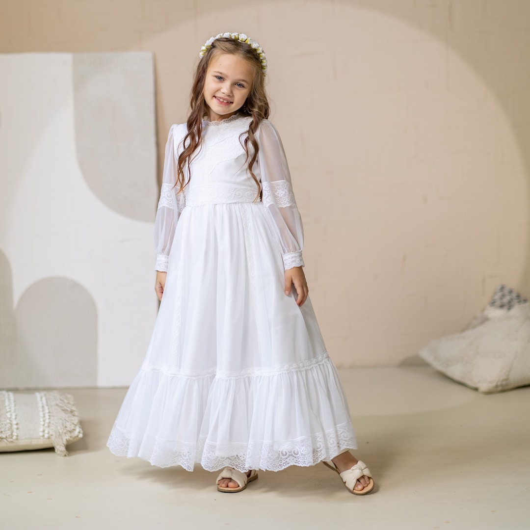 White Lace First Communion Dress With Sleeves & Headpiece - Etsy