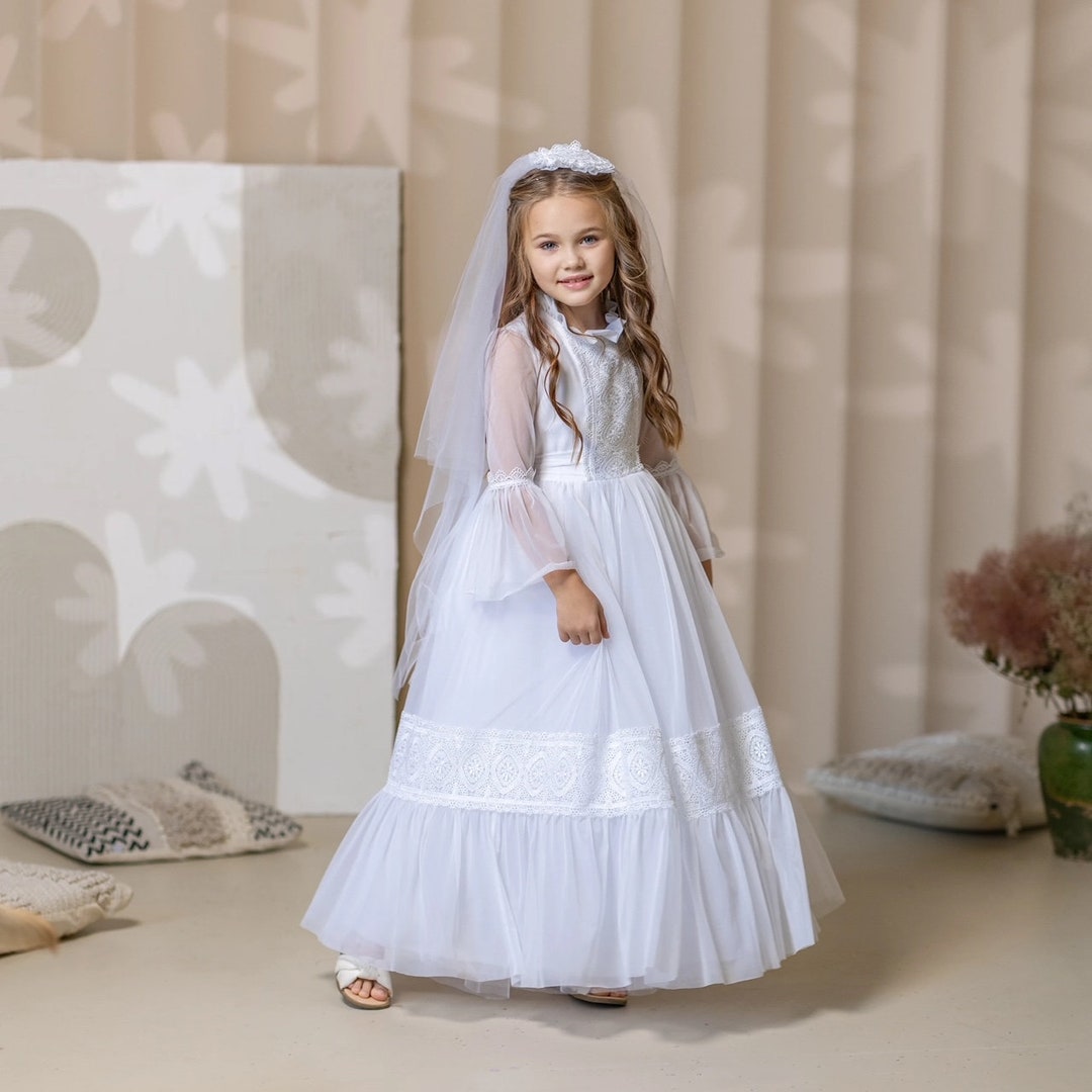 White First Communion Dress and Veil, Girl Wedding Dresstulle, Flower ...