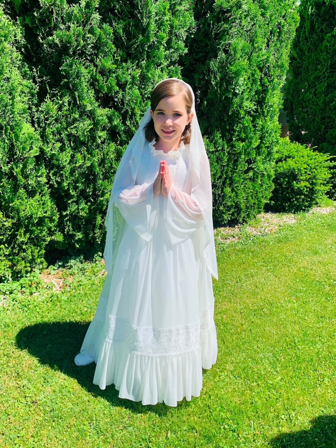 Classic Communion Dress With Lace Sleeves and Veil Catholic - Etsy