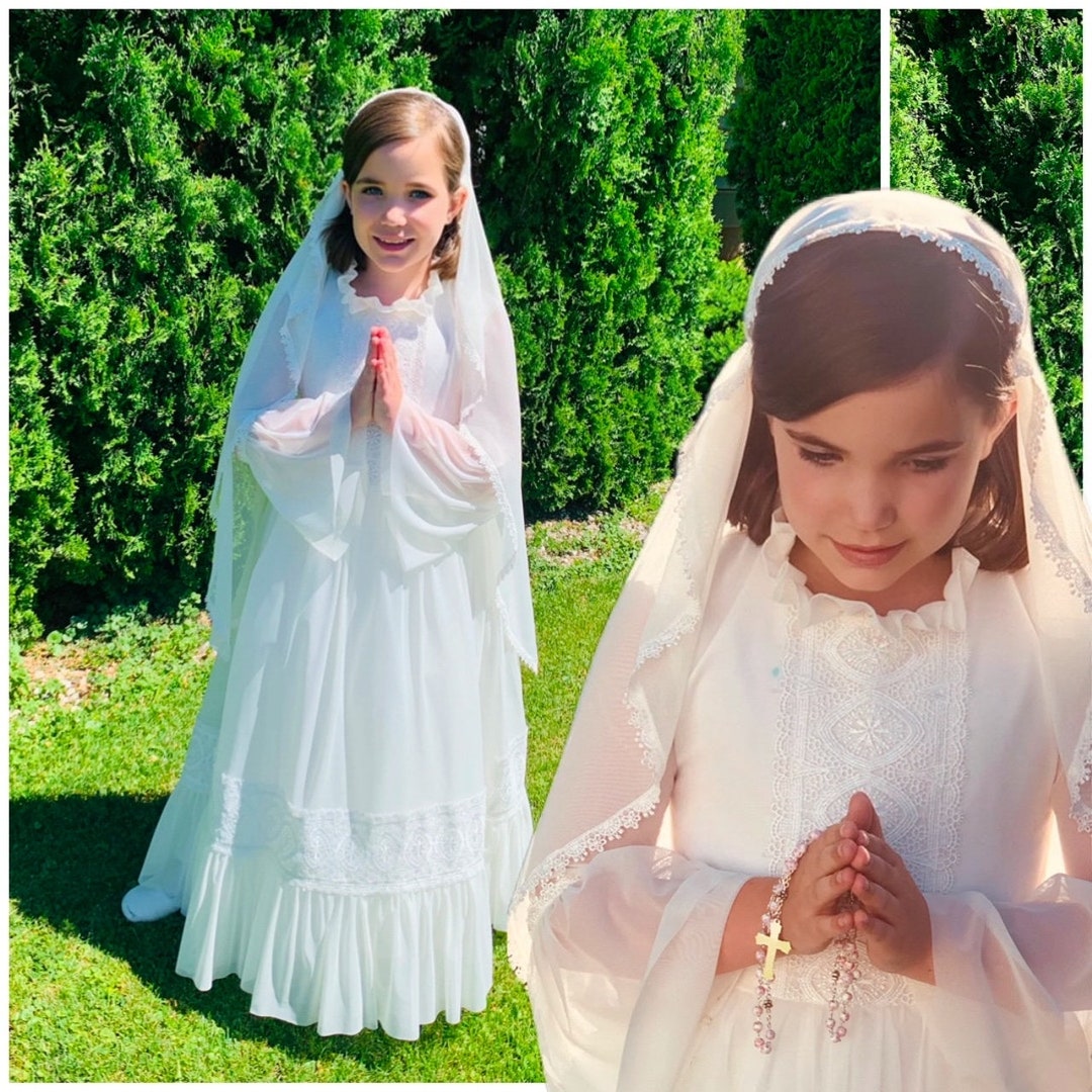 Classic Communion Dress With Lace Sleeves and Veil | Catholic Communion ...