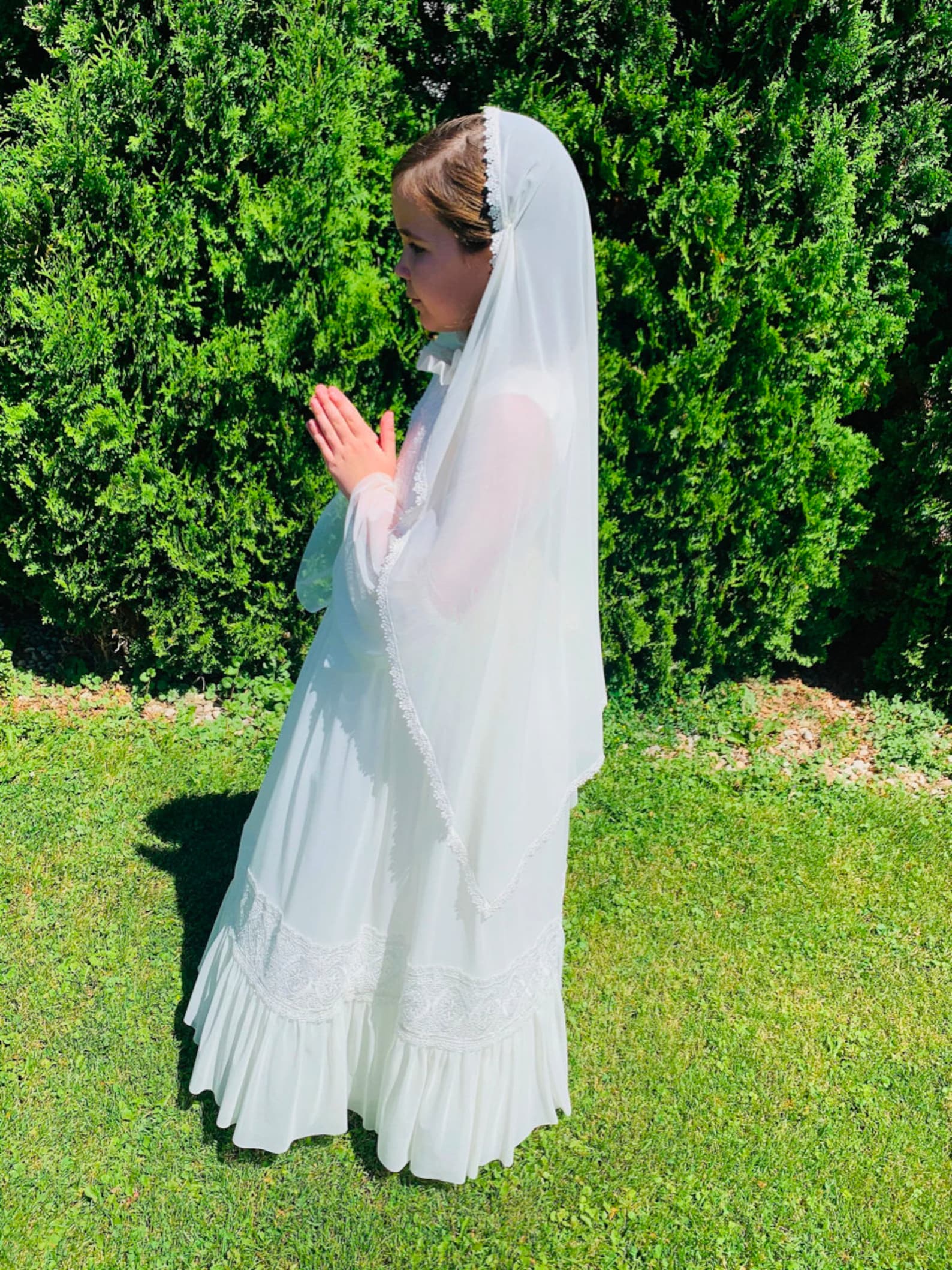 Classic Communion Dress With Lace Sleeves and Veil Catholic - Etsy