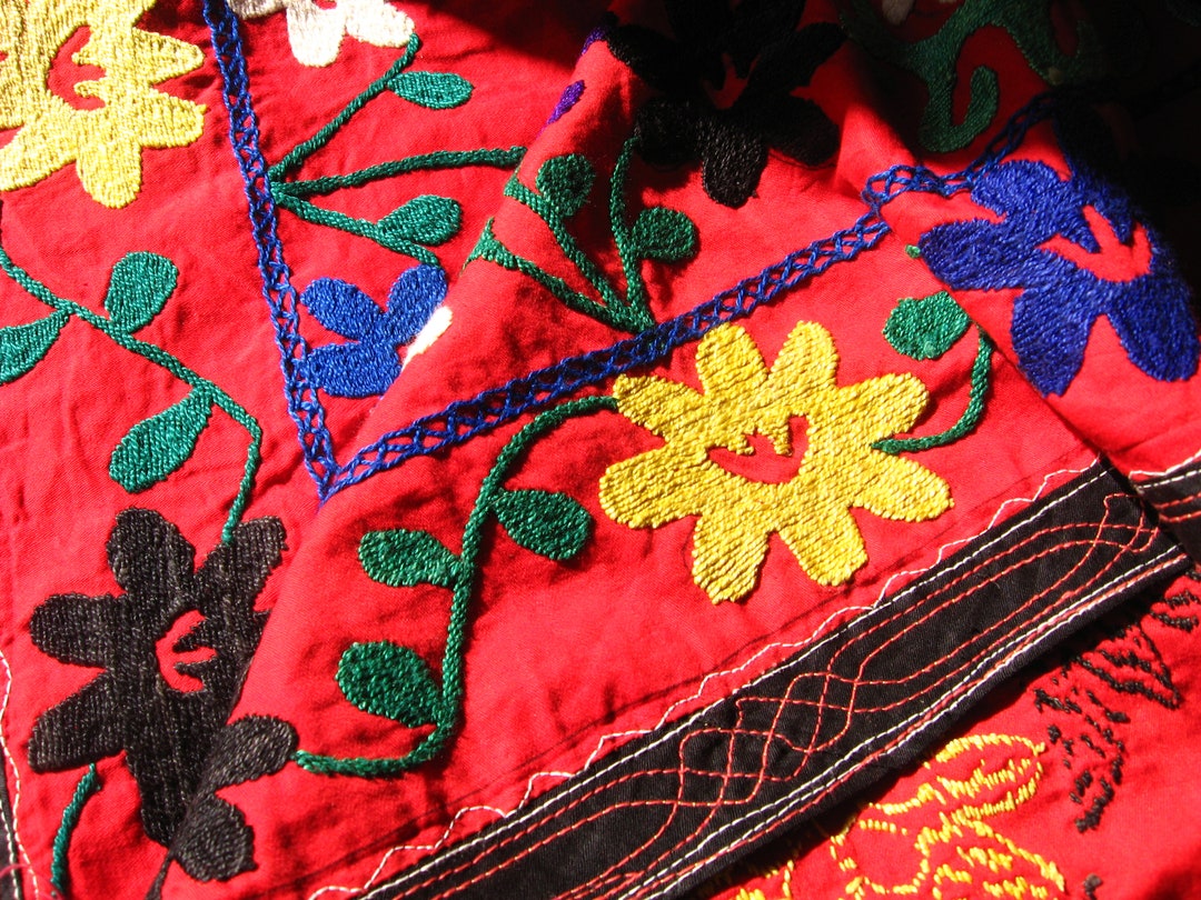 Suzani With Crochet Border, Orange-red Cotton/colourful Silk Embroidery ...