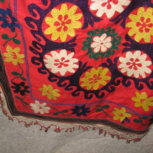 Suzani With Crochet Border, Orange-red Cotton/colorful Silk Embroidery ...