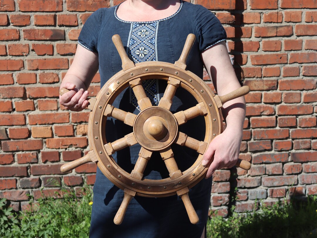 Vintage Wooden Marine Steering Wheel With Copper Trim. Helm. Sailor ...