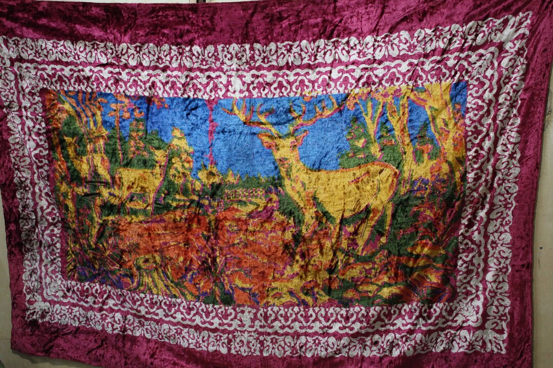Soviet Plush Carpet Deer, Roe Deer, Vintage Tablecloth, Rustic Carpet ...