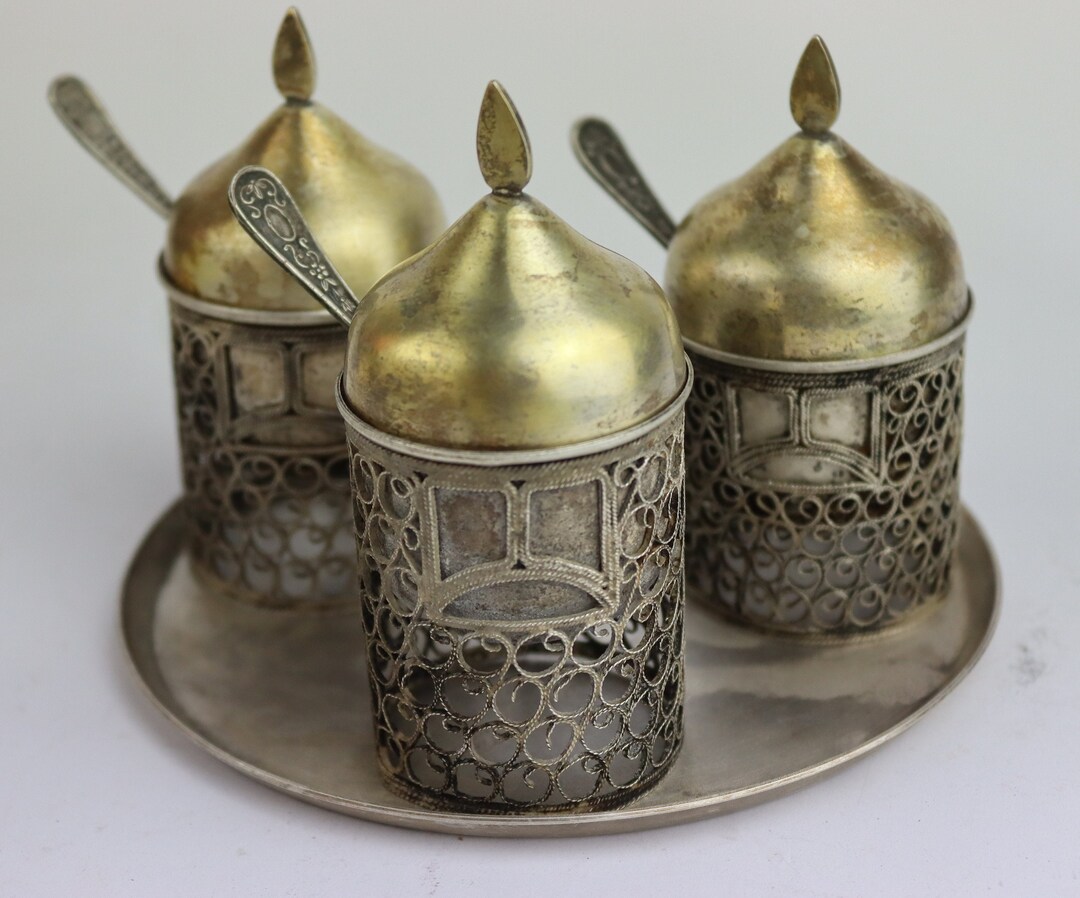1984 Soviet Filigree Set for Spices 3 Bogatyrs, Vintage Salt and Pepper ...