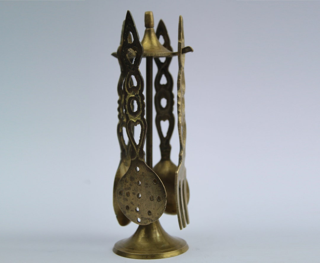 Vintage Brass Kitchen Set, Metal Set. Small Spoon, Colander, Fork ...