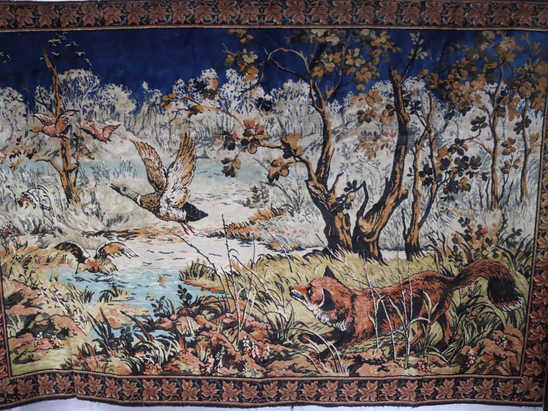 Big Vintage Carpet Fox Ducks Hunting, Vintage Wall Carpet, Rustic ...