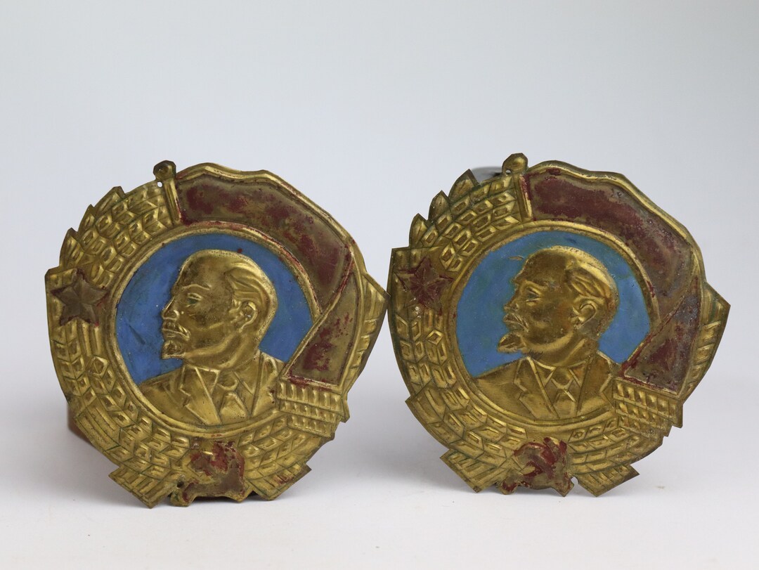 Pair of Soviet Tin Metal Lenin Profiles, Hammer and Sickle, Communist ...