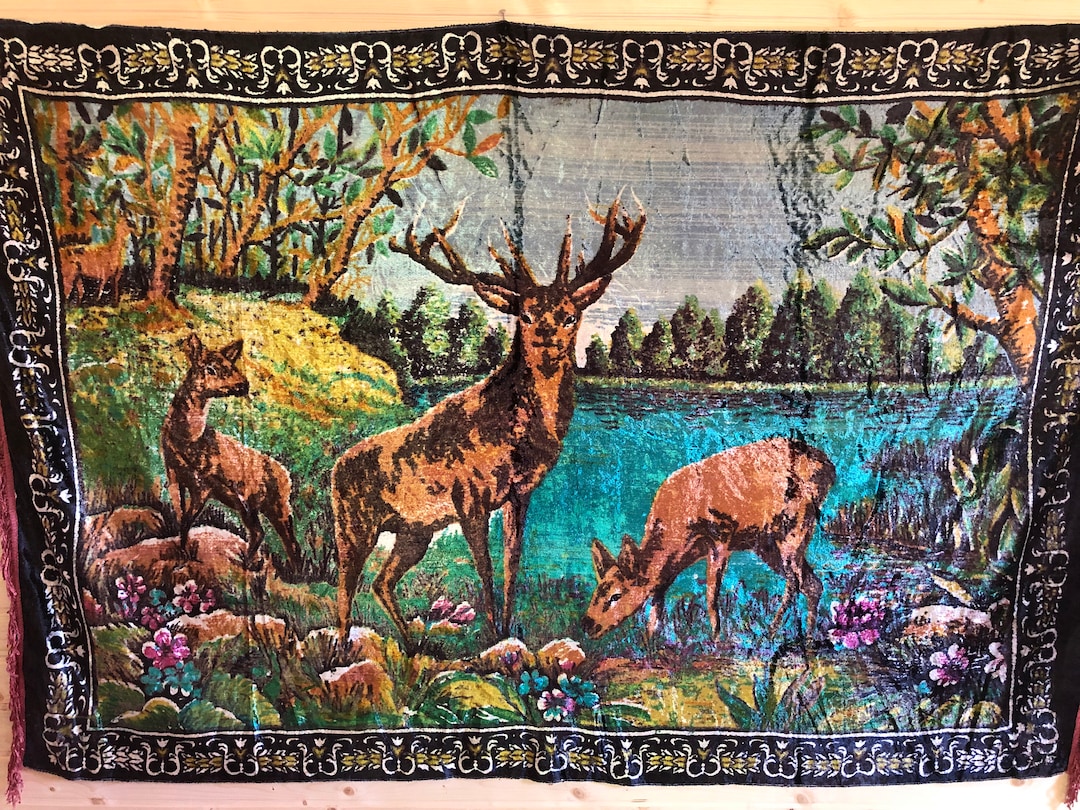 Soviet Plush Carpet Deer, Vintage Wall Carpet, Tablecloth, Rustic ...