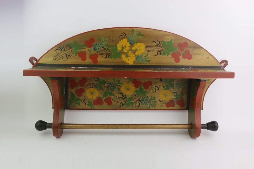 Vintage Wooden Shelf With Towel Holder, Soviet Handpainted Shelf ...