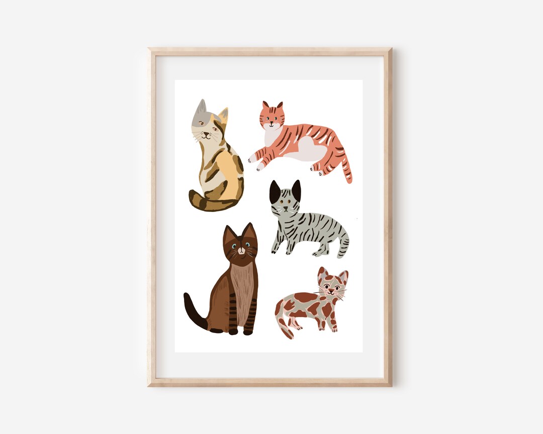 Cat Potrait, Cute Cat Poster, Gift Idea for Cat Mum, Cat Illustration ...
