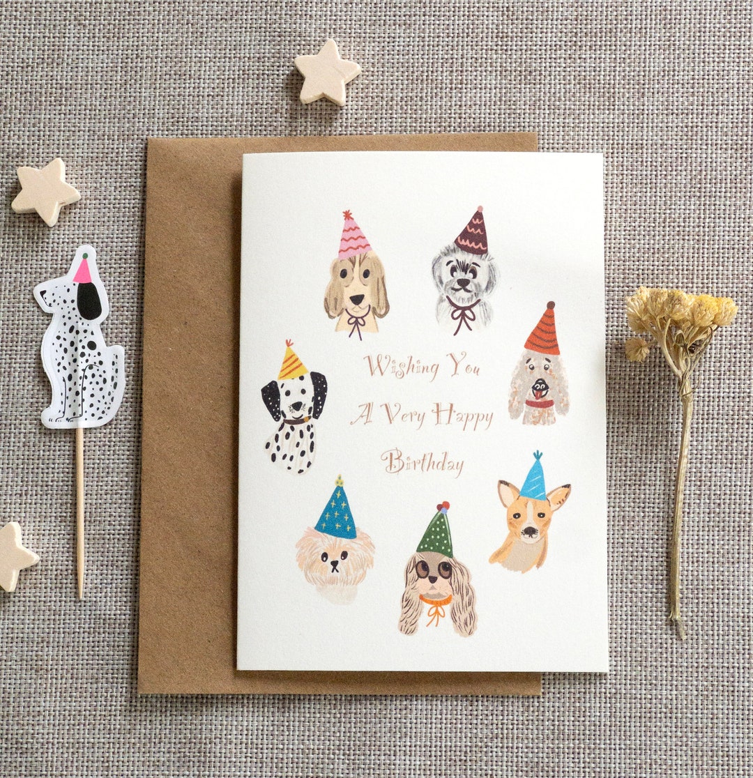 Dog Birthday Card, Cute Dogs Illustration, Birthday Wishes Card ...