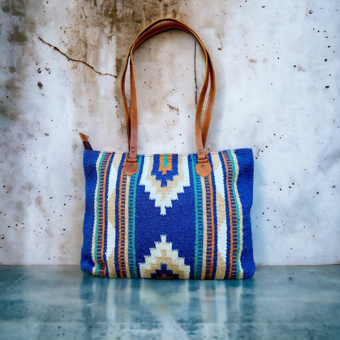 Southwestern Large Handwoven Wool Boho Tote Dakota Saddle Blanket Bag ...