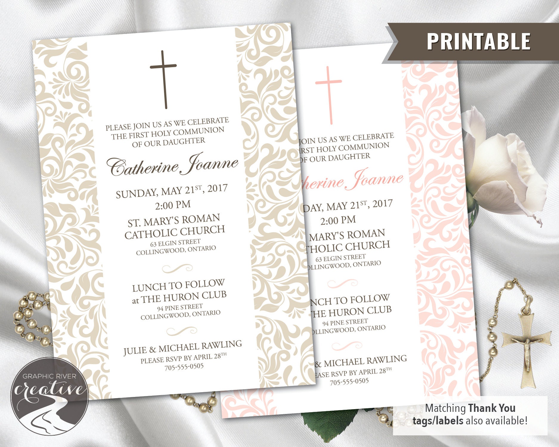 PRINTABLE Personalized Formal Damask First Communion Invitation, First ...