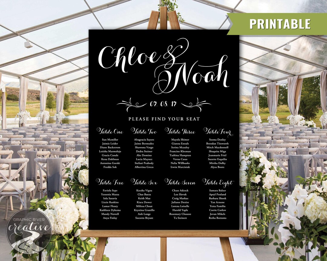 PRINTABLE Personalized Black Modern Elegant Wedding Name Flourish SEATING CHART Seating Plan ...