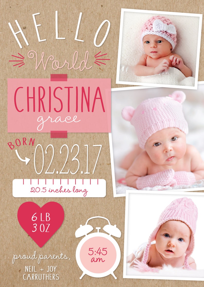 PRINTABLE Hello World Birth Announcement, Welcome Baby, Kraft Paper ...