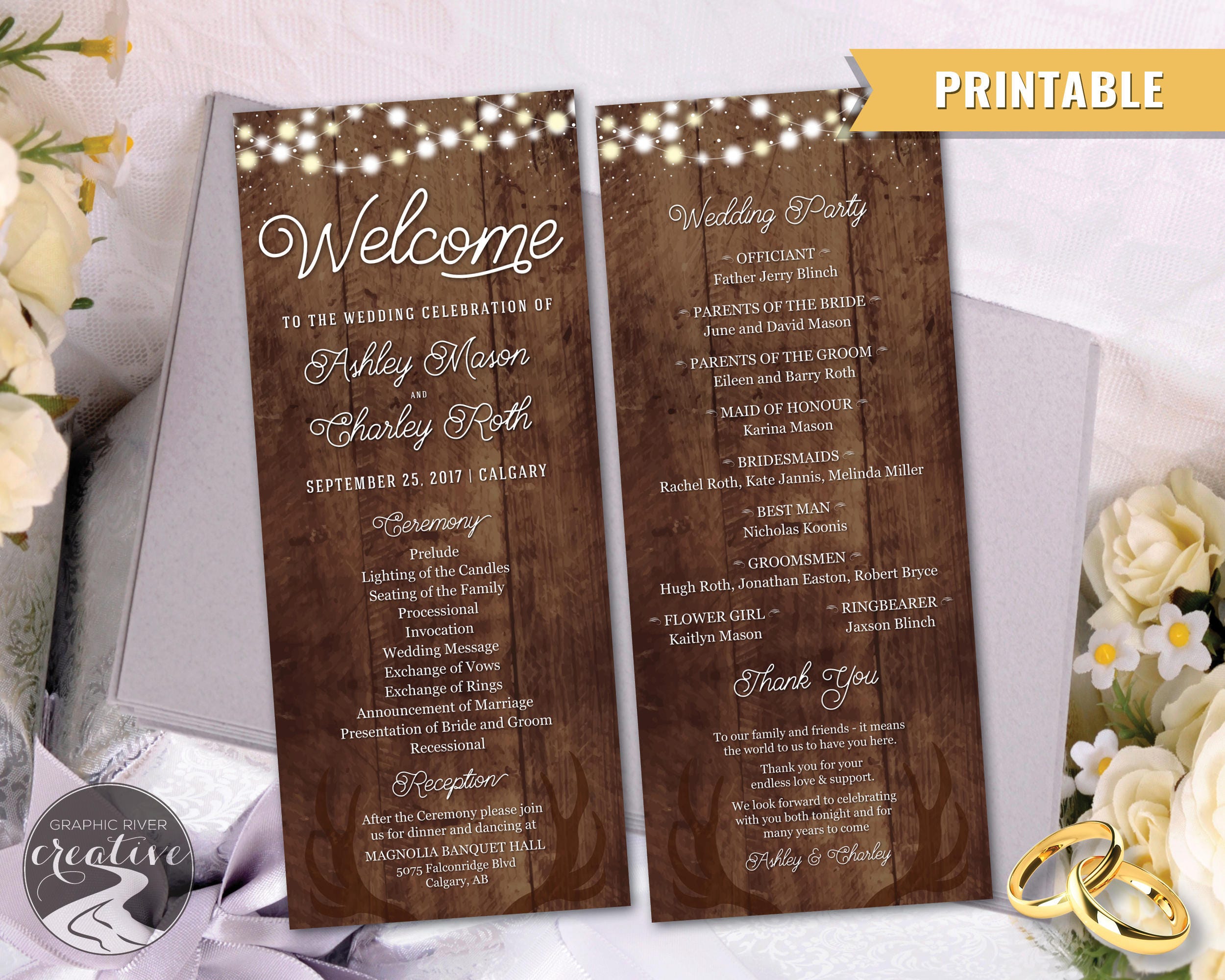 PRINTABLE Personalized Barnboard Wood Antler String Lights Rustic Wedding Program Set, Farmhouse ...
