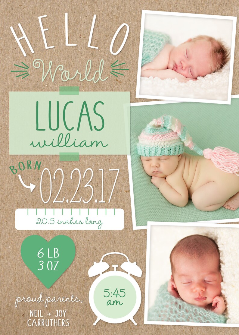 PRINTABLE Hello World Birth Announcement, Welcome Baby, Kraft Paper ...