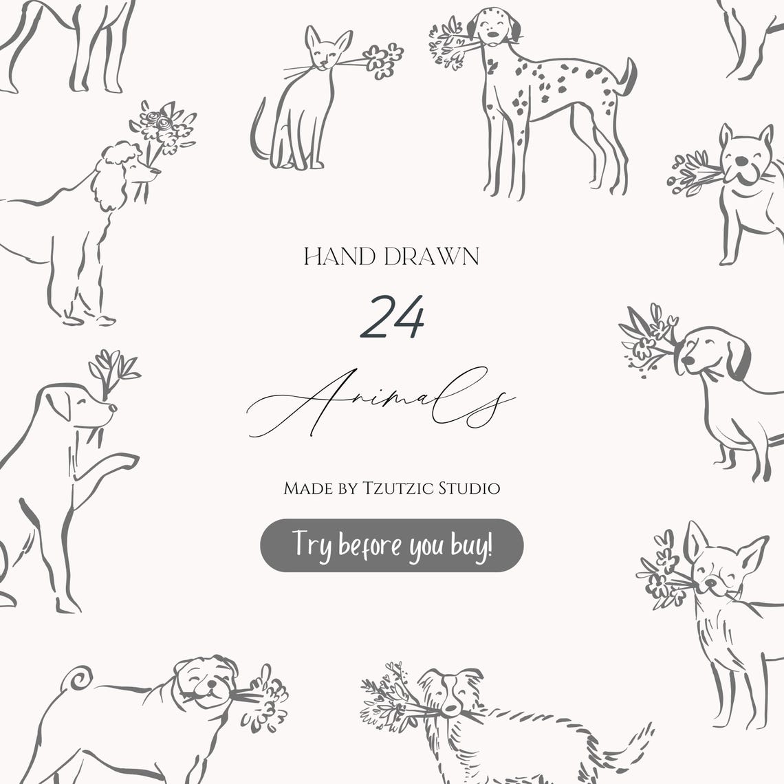 Animals SVG Bundle - Hand Drawn Line Art Icons | Cat-dog Svg | Dogs ...