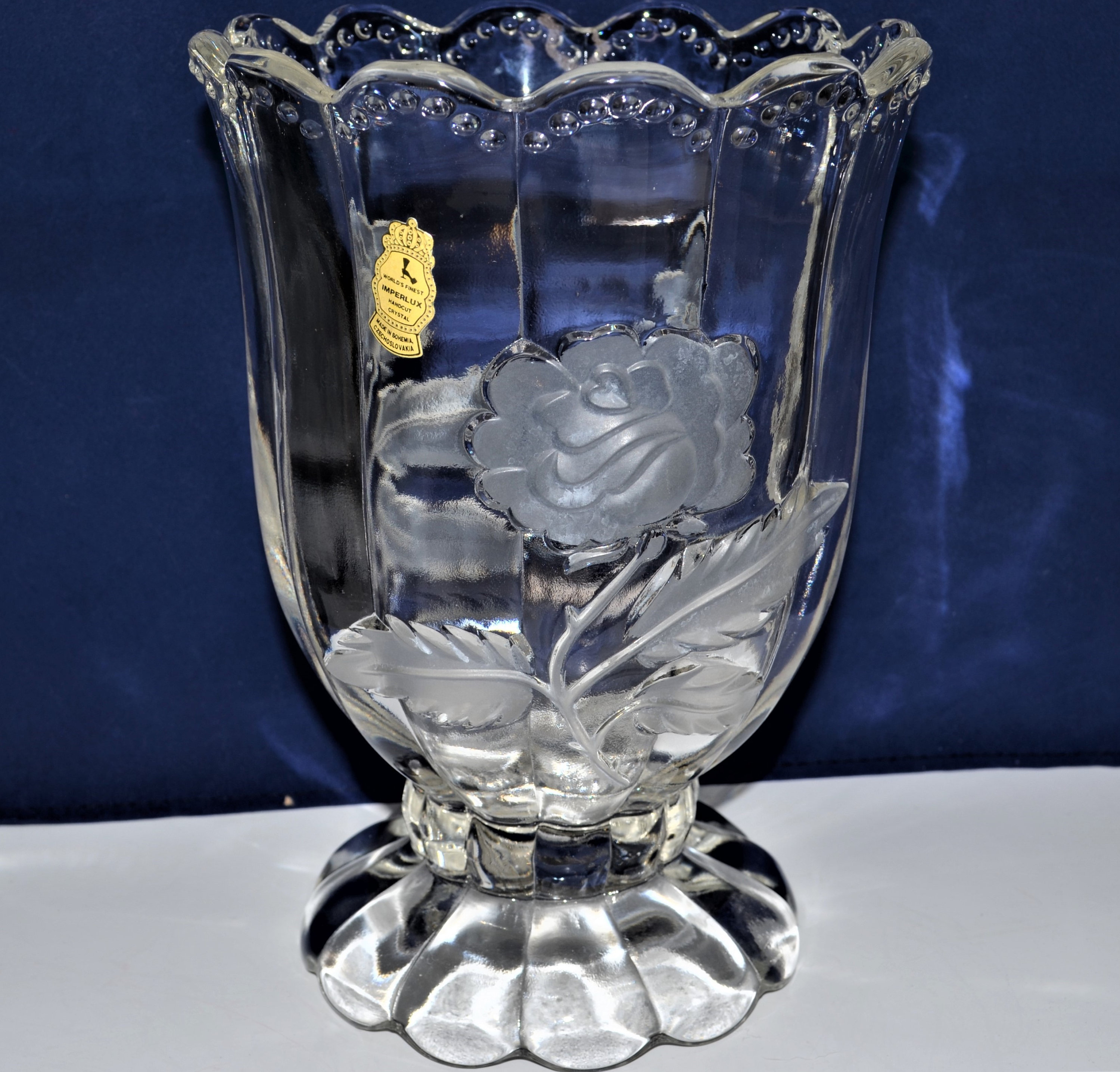 Vintage Imperlux Hand Cut Crystal Glass Vase on Pedestal Frosted Roses ...