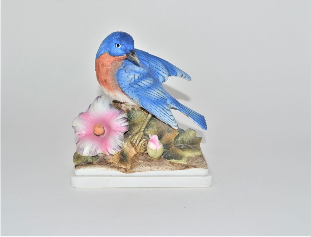 Vintage Lefton Porcelain Blue Bird Pink Pink Hibuscus Flower and Bud ...