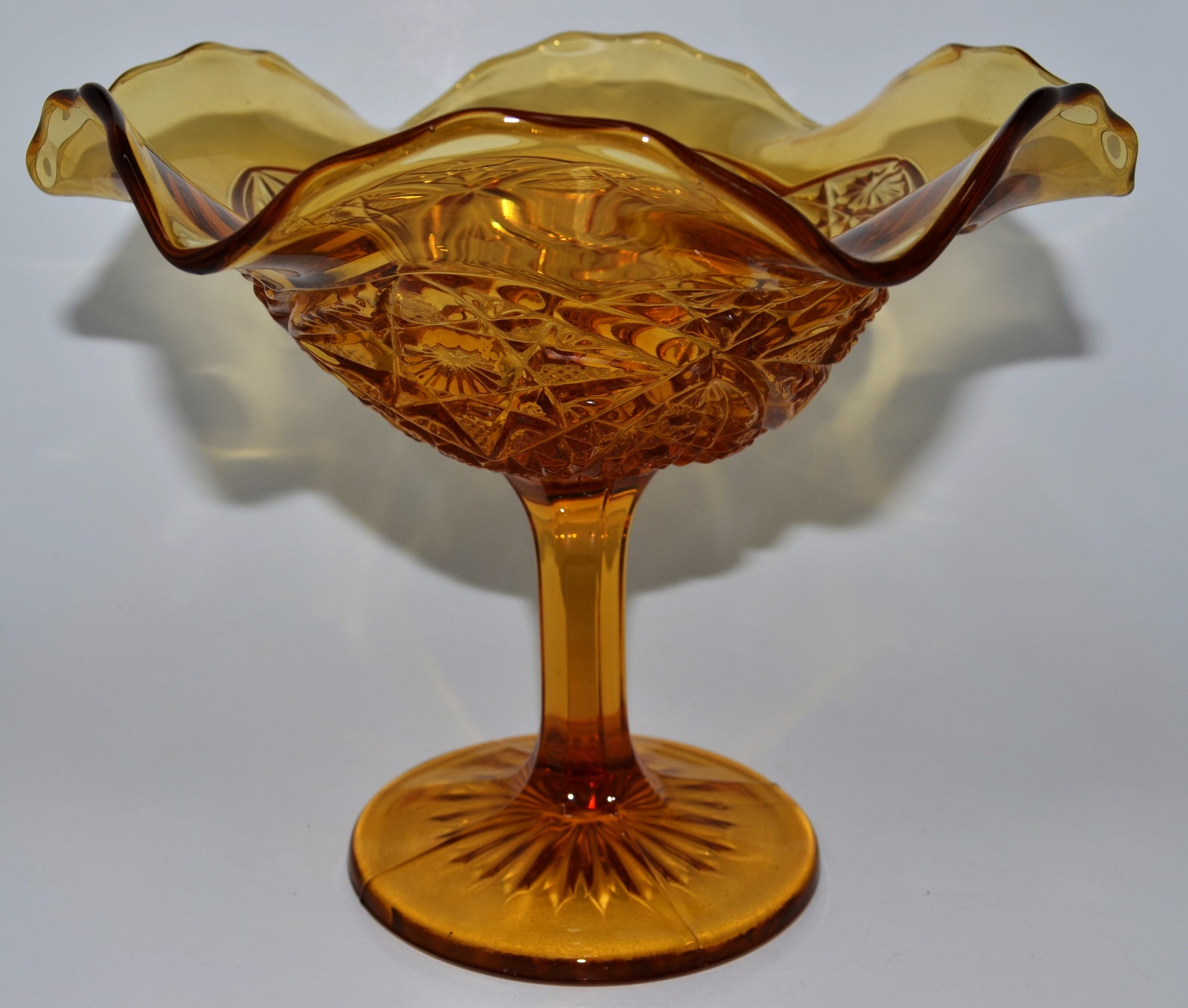 Vintage Imperial Glass Hobstar Amber Compote Pedestal Ruffled Bowl ...