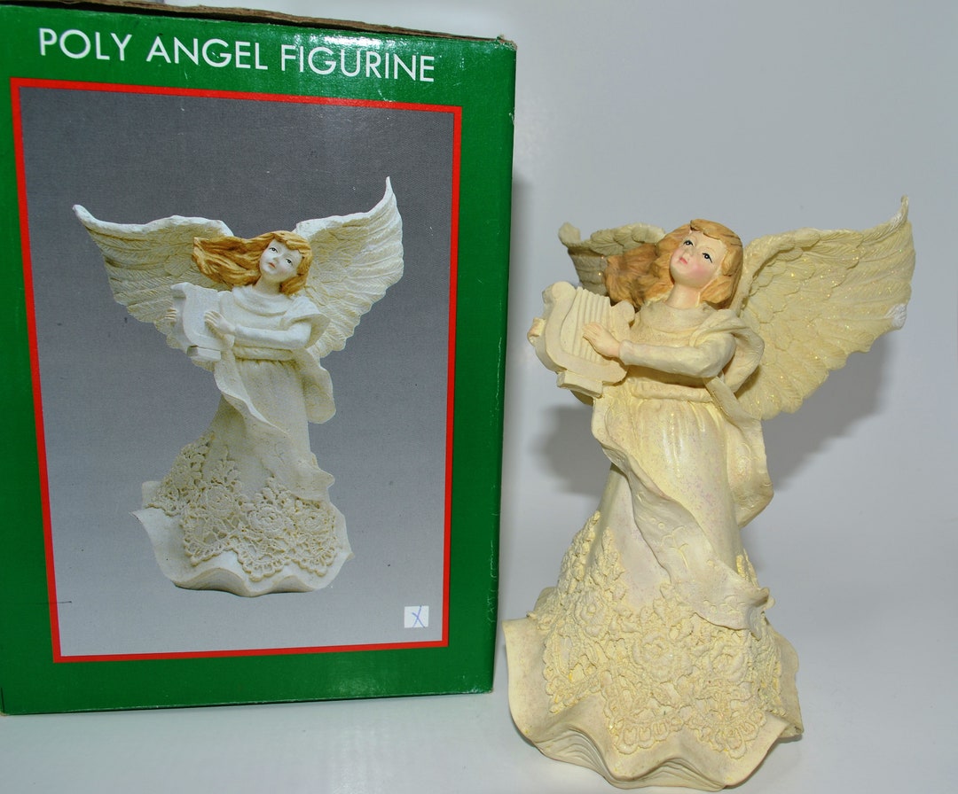 Stunning Poly Angel Playing a Harp Figurine With Ivory and Lace Dress ...